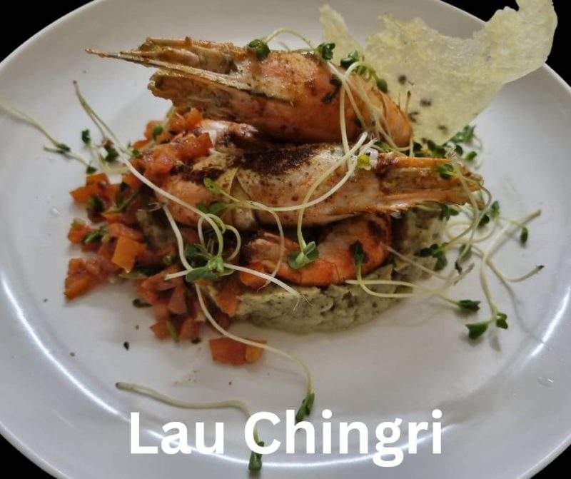 Lau Chingri with Rice cracker, tomato concasse and mustard greens by ...